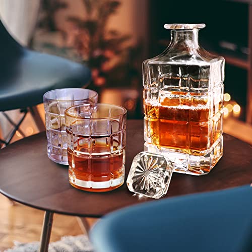 DLATRE Whiskey Decanter Piece Sets, Artisan Crafted Lead-Free Crystal Glass Liquor Carafe with Ornate Glass Stopper and 4 Engraved Tumblers, Scotch Bourbon Whisky Dispenser, Comes with Gift Box