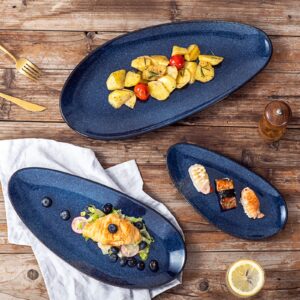 vicrays Large Oval Serving Platters, 16"/14"/10" Porcelain Serving Platters for Party, BBQ,Stackable Serving Trays Serving Plates for Appetizers, Sushi, Restaurant, Dessert, Set of 3 (Blue)