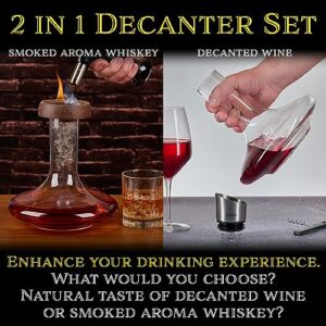 2-in-1 Decanter Set + Whisky and Wine Wooden Smoker - 60 fl oz, Glass Decanter - Scotch, Bourbon, Red Wine Handmade Decanter Set - Gift for Men - Uncommon Gift for Him