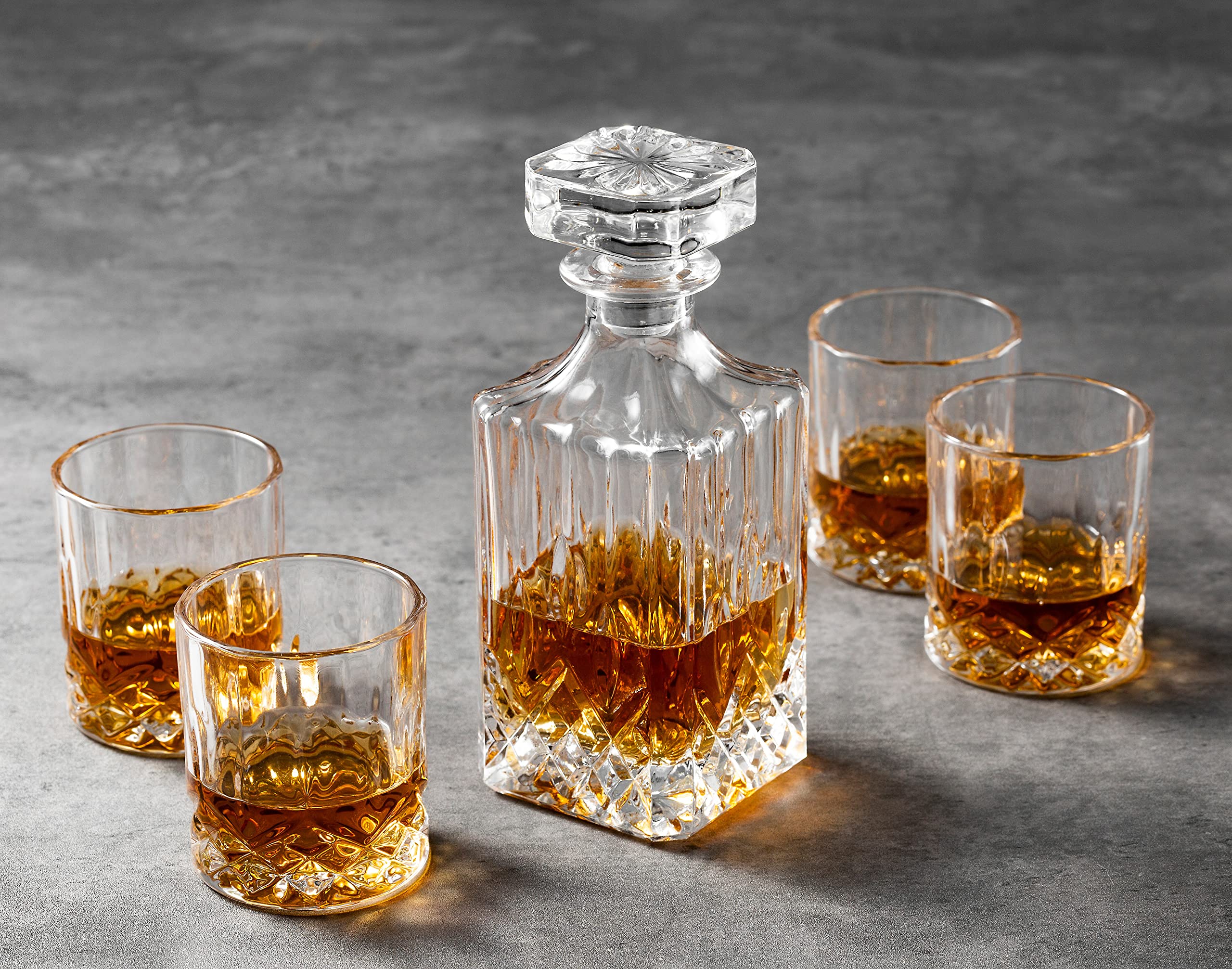 Verolux Whiskey Decanter Set with 4 Glasses in Gift Box, Unique Anniversary Housewarming Birthday Gifts for Men Dad Husband Boyfriend, for Bourbon Whiskey Liquor Scotch Gin Rum Tequila Vodka Brandy