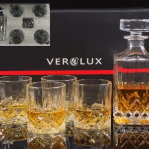 Verolux Whiskey Decanter Set with 4 Glasses in Gift Box, Unique Anniversary Housewarming Birthday Gifts for Men Dad Husband Boyfriend, for Bourbon Whiskey Liquor Scotch Gin Rum Tequila Vodka Brandy