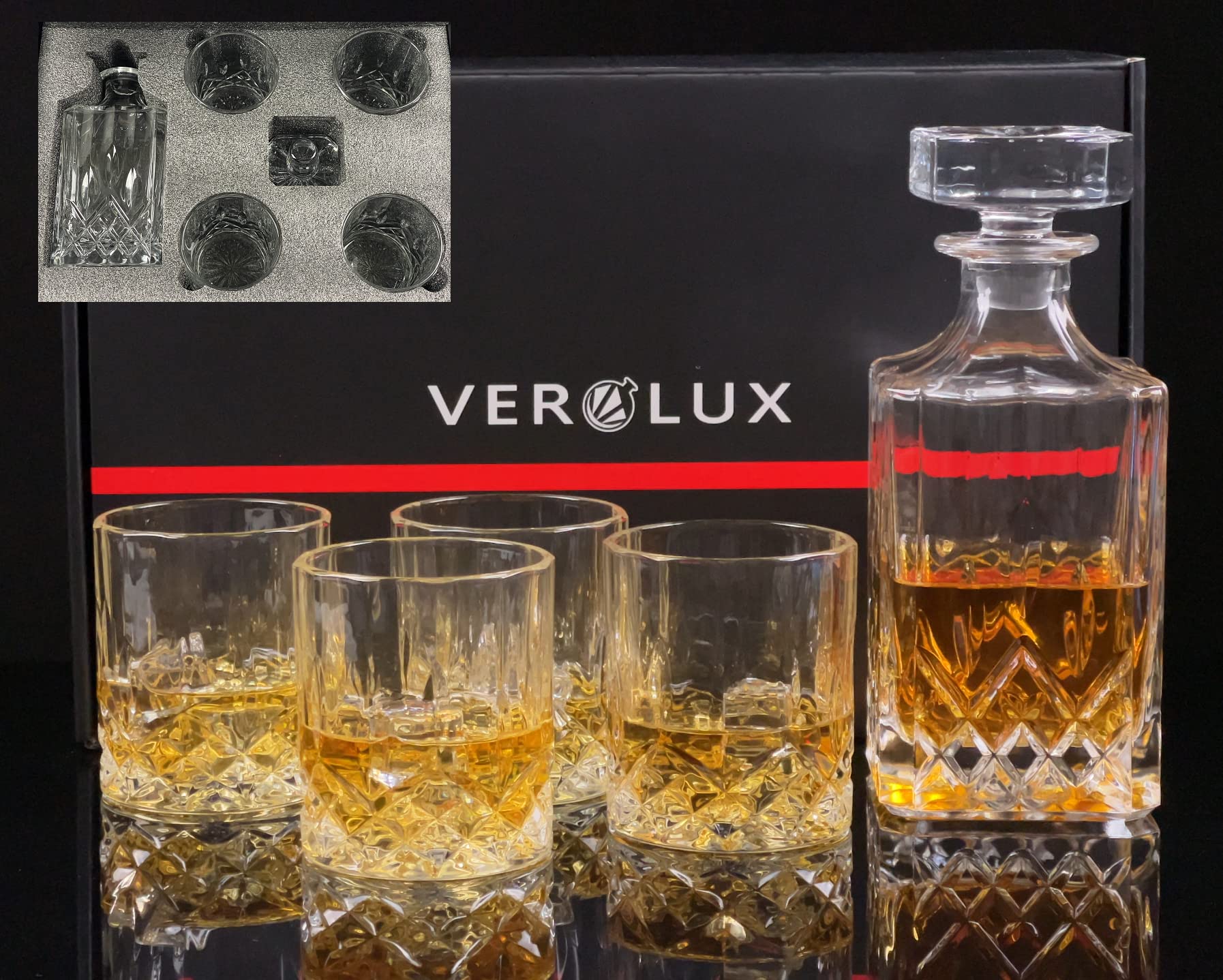 Verolux Whiskey Decanter Set with 4 Glasses in Gift Box, Unique Anniversary Housewarming Birthday Gifts for Men Dad Husband Boyfriend, for Bourbon Whiskey Liquor Scotch Gin Rum Tequila Vodka Brandy