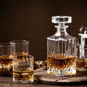 Verolux Whiskey Decanter Set with 4 Glasses in Gift Box, Unique Anniversary Housewarming Birthday Gifts for Men Dad Husband Boyfriend, for Bourbon Whiskey Liquor Scotch Gin Rum Tequila Vodka Brandy