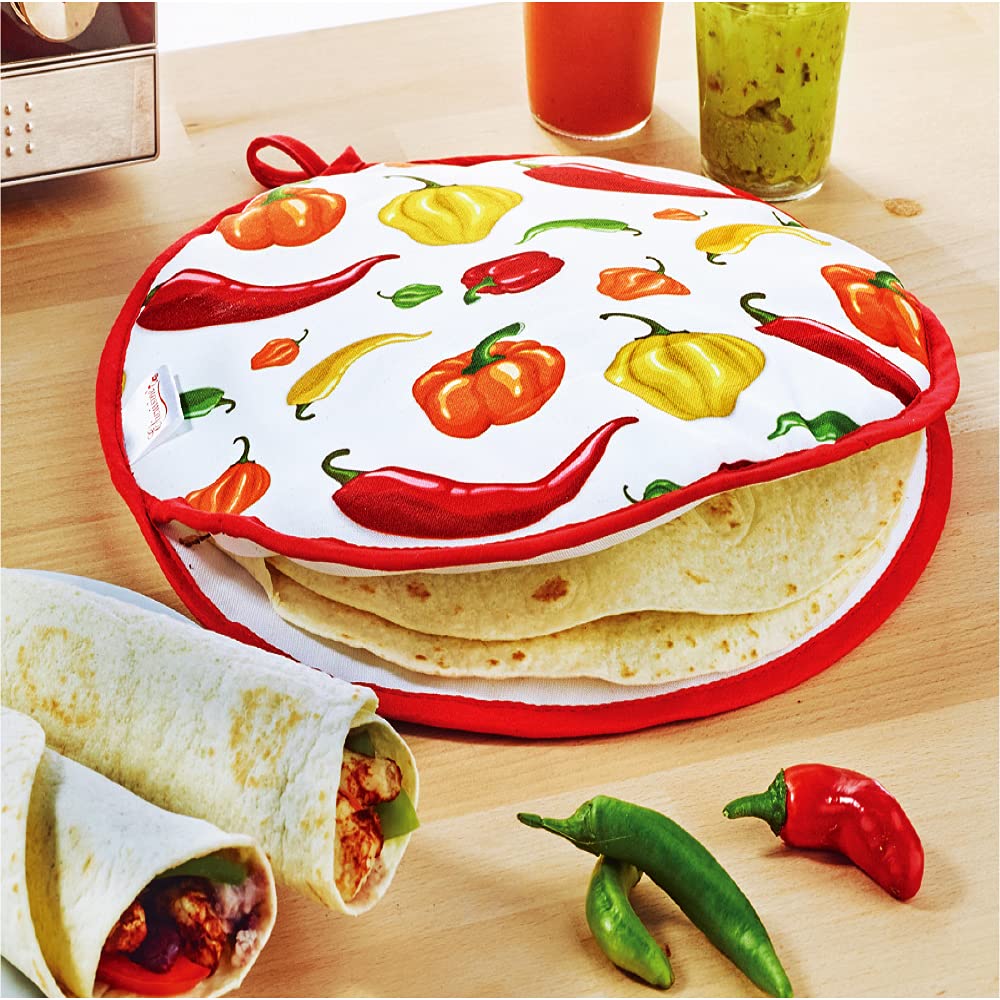 LEONAL Tortilla Warmer Taco 12 Inch Insulated Pouch Cloth - Microwave Use Fabric Bag to Keep Food Warm for up to One Hour (Chili Pepper Fiesta Party Carnival)