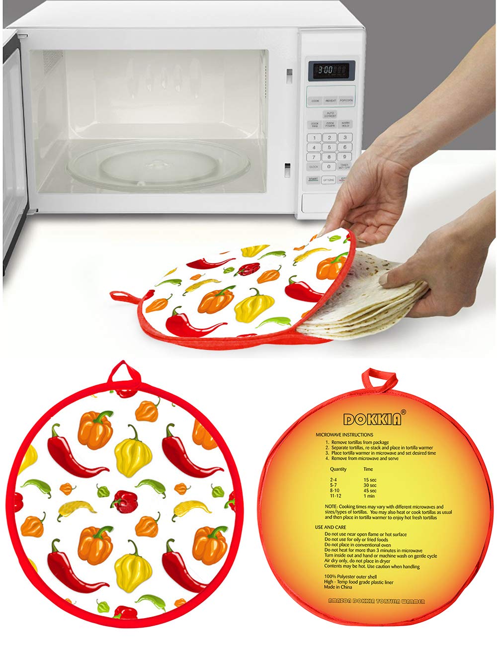 LEONAL Tortilla Warmer Taco 12 Inch Insulated Pouch Cloth - Microwave Use Fabric Bag to Keep Food Warm for up to One Hour (Chili Pepper Fiesta Party Carnival)