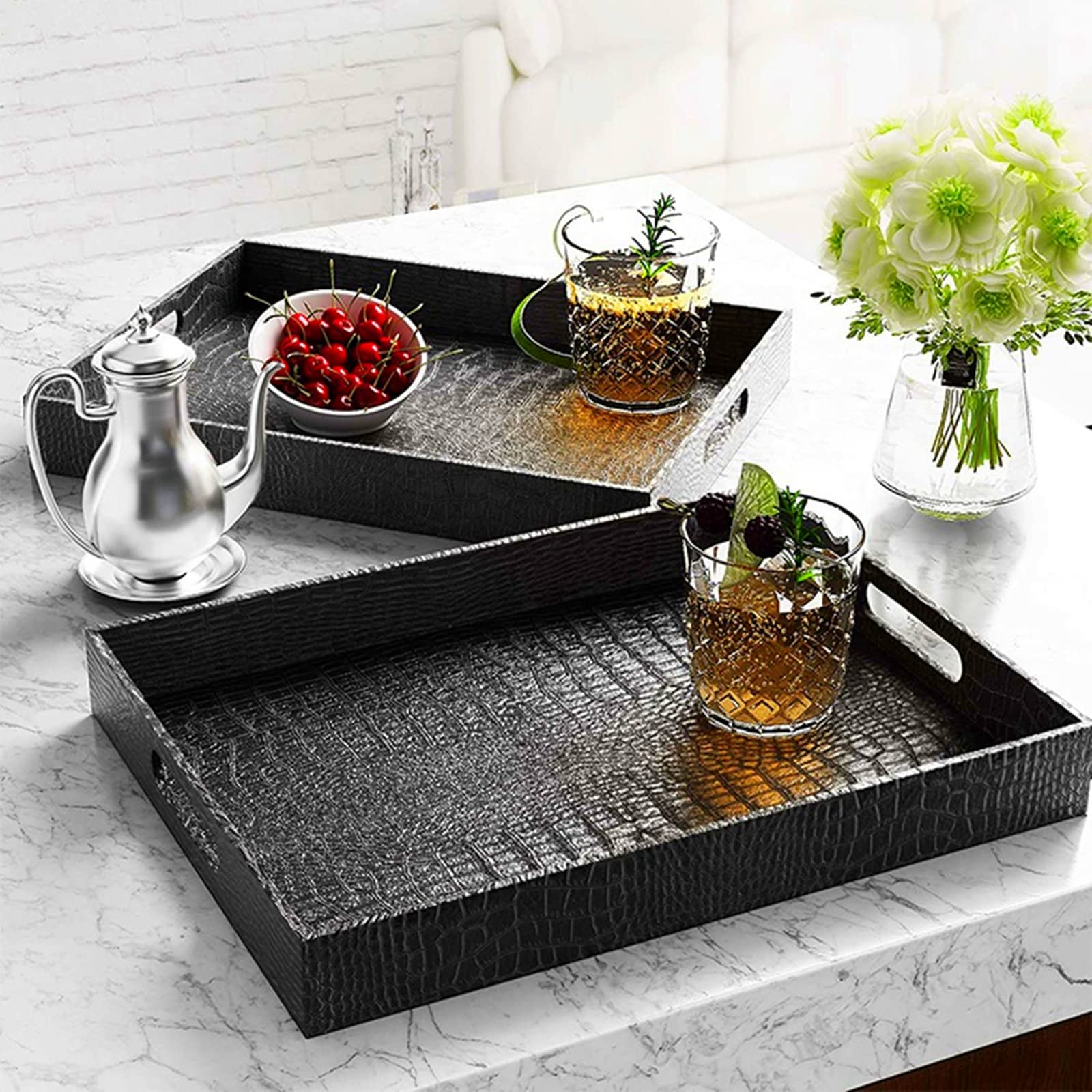 Lyellfe Black Serving Tray for Coffee Table, Decorative Ottoman Tray with Handles, 17x12 Inch Rectangular Alligator Faux Leather Tray for Living Room, Bed, Dressing Table