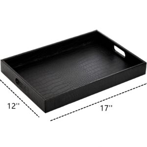 Lyellfe Black Serving Tray for Coffee Table, Decorative Ottoman Tray with Handles, 17x12 Inch Rectangular Alligator Faux Leather Tray for Living Room, Bed, Dressing Table