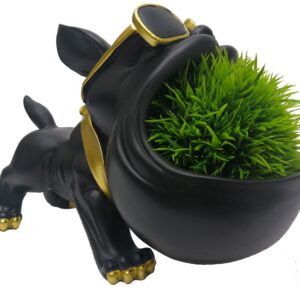 French Bulldog Statue Modern Entryway Table Candy Bowl for Office Desk Animal Large Mouth Dogs Planter Storage Sculpture Figurines with Gold Glasses Keys Resin Bulldog Candy Dish Home Decor Funny