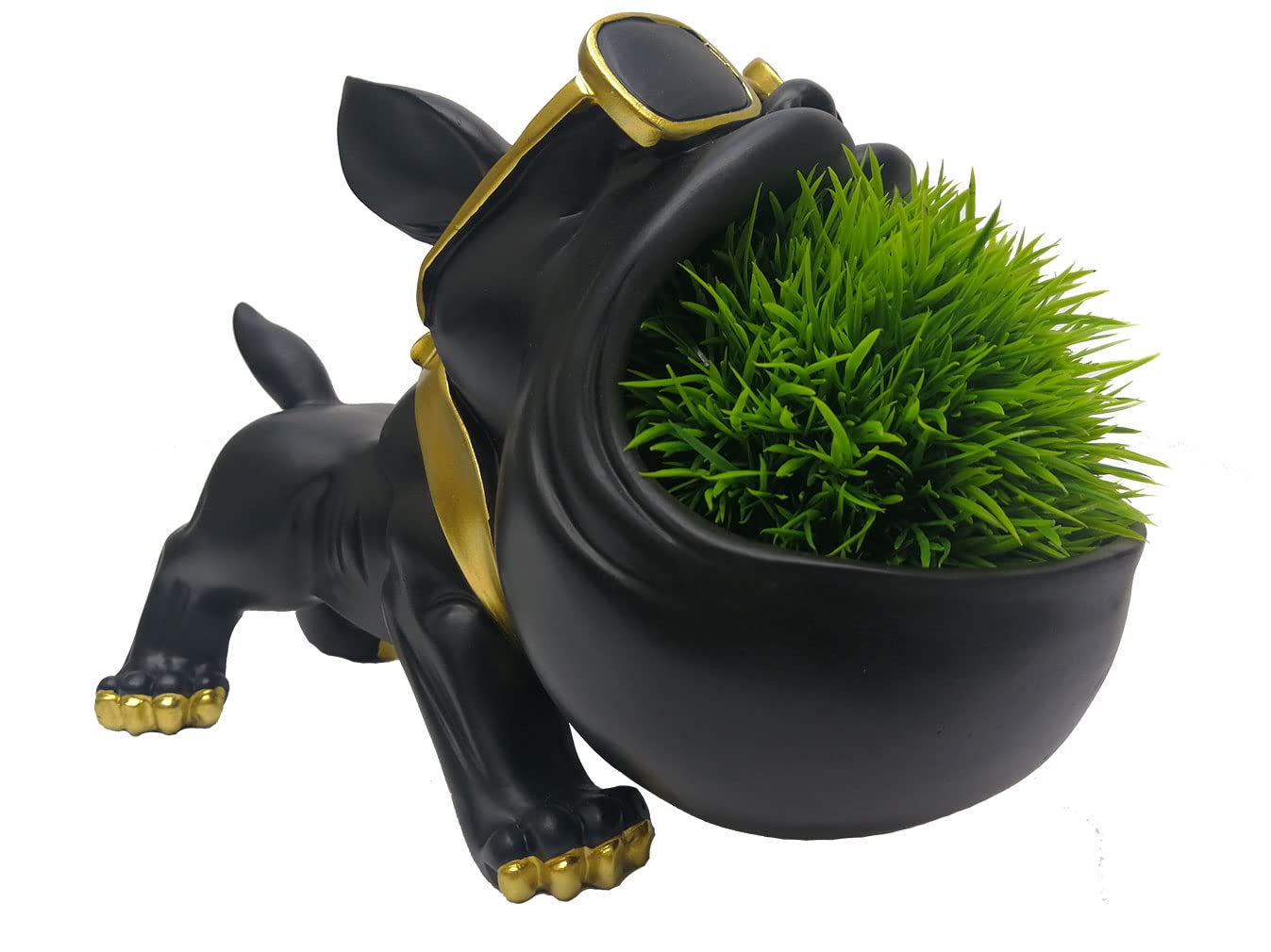 French Bulldog Statue Modern Entryway Table Candy Bowl for Office Desk Animal Large Mouth Dogs Planter Storage Sculpture Figurines with Gold Glasses Keys Resin Bulldog Candy Dish Home Decor Funny