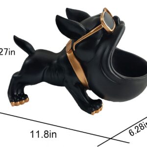 French Bulldog Statue Modern Entryway Table Candy Bowl for Office Desk Animal Large Mouth Dogs Planter Storage Sculpture Figurines with Gold Glasses Keys Resin Bulldog Candy Dish Home Decor Funny