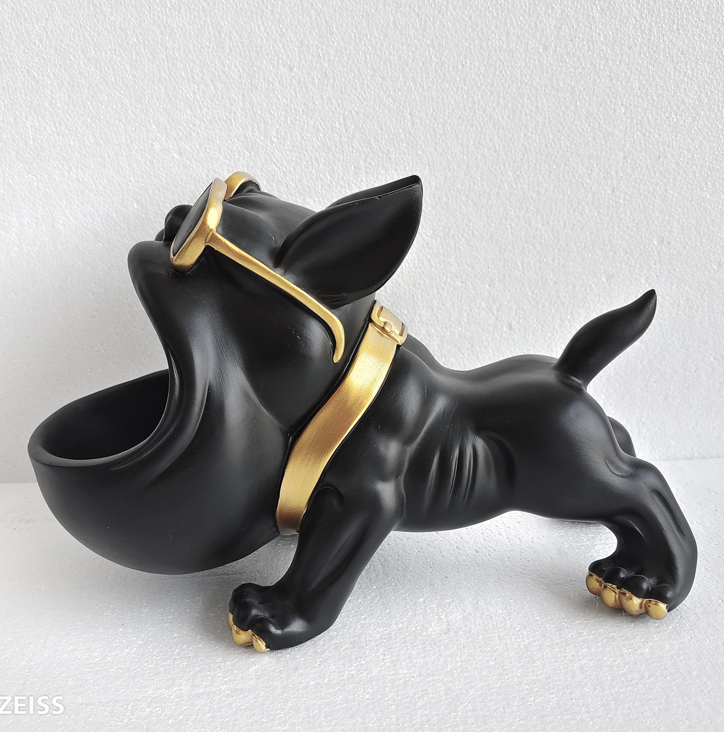 French Bulldog Statue Modern Entryway Table Candy Bowl for Office Desk Animal Large Mouth Dogs Planter Storage Sculpture Figurines with Gold Glasses Keys Resin Bulldog Candy Dish Home Decor Funny