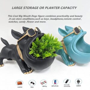 French Bulldog Statue Modern Entryway Table Candy Bowl for Office Desk Animal Large Mouth Dogs Planter Storage Sculpture Figurines with Gold Glasses Keys Resin Bulldog Candy Dish Home Decor Funny