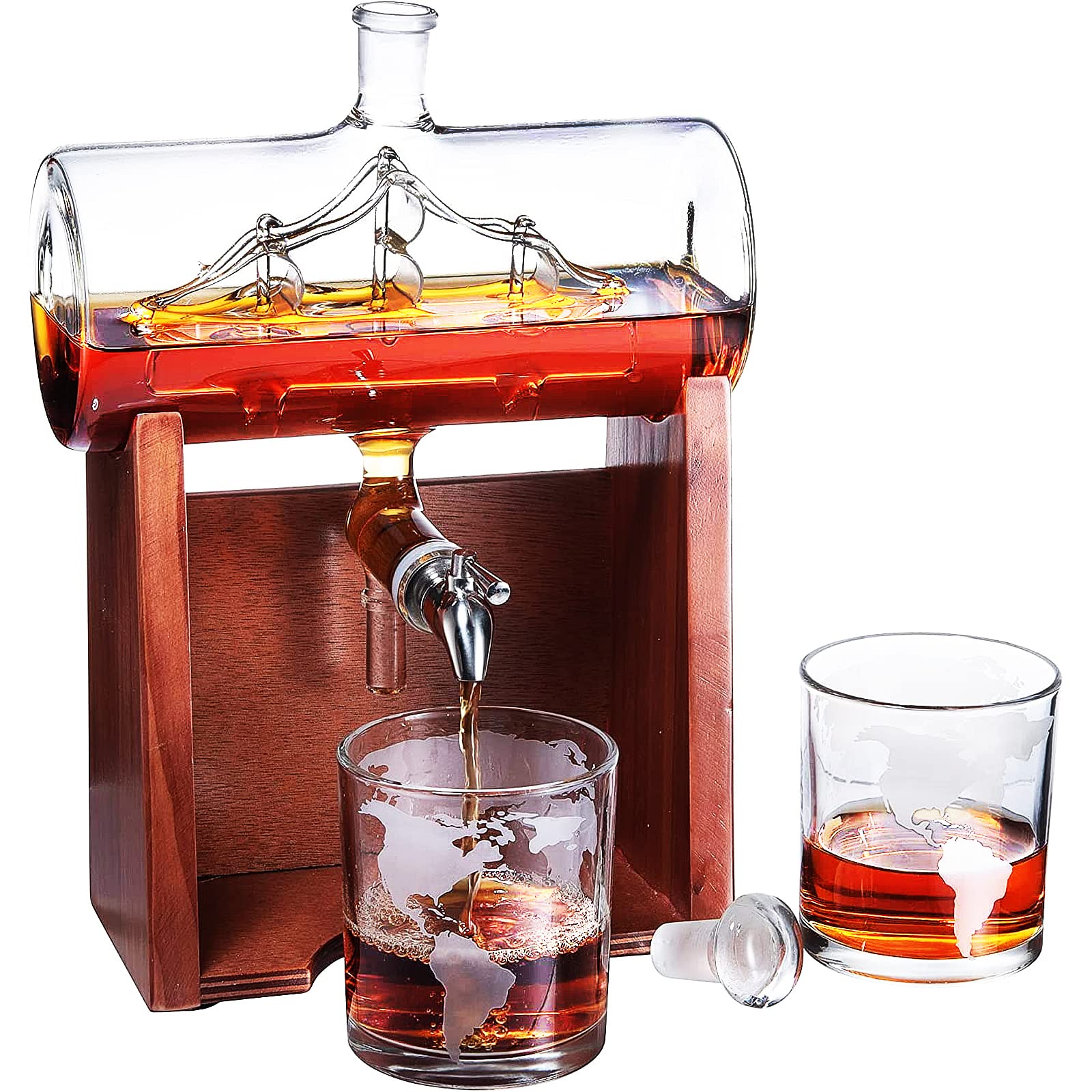 Whiskey & Wine Decanter Set 1250ml with 2 Whiskey Glasses, Liquor Dispenser For Home Bar, Ship Whiskey & Wine Decanter - Gift for Dad, Husband or Boyfriend - The Wine Savant Lead-Free Crystal Glass