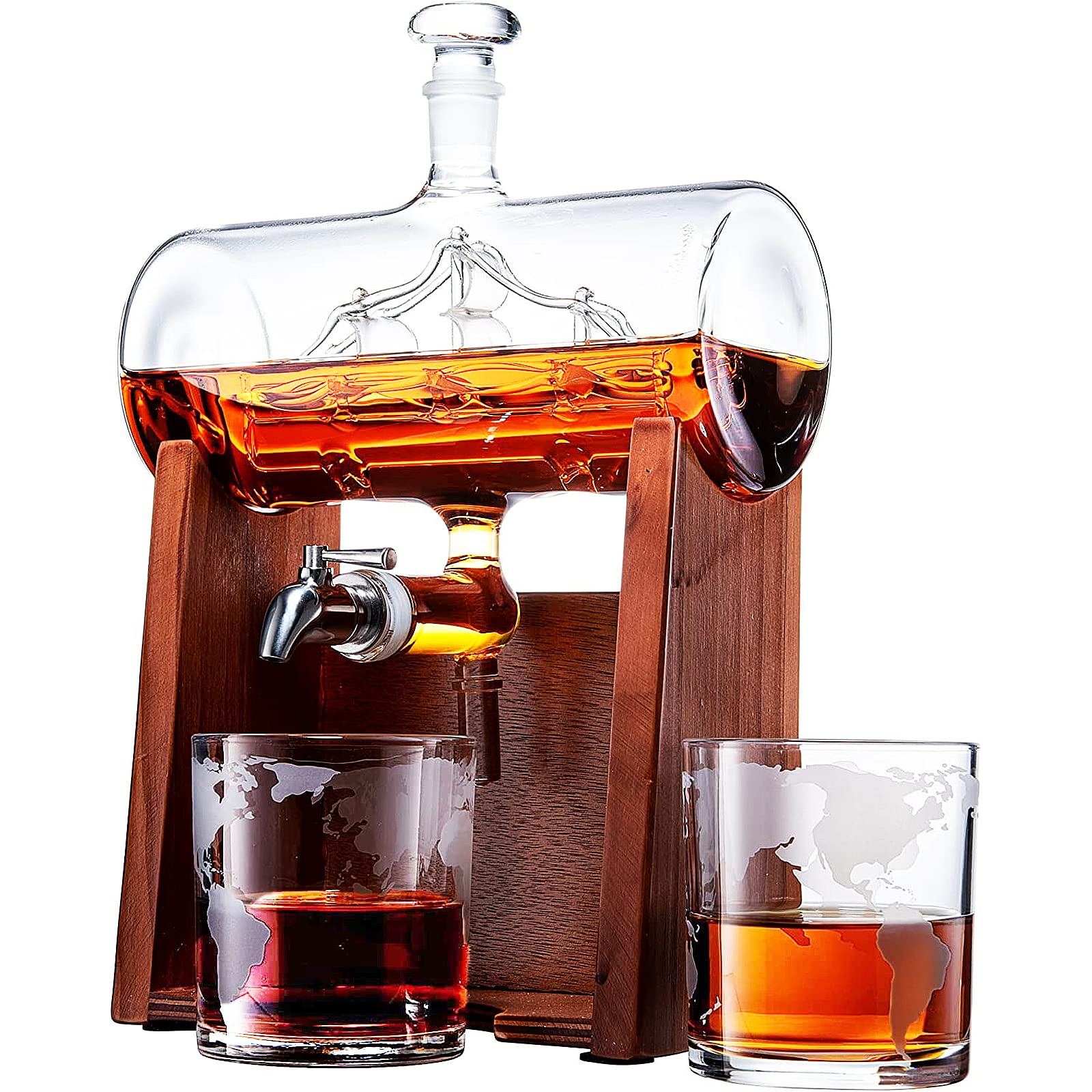 Whiskey & Wine Decanter Set 1250ml with 2 Whiskey Glasses, Liquor Dispenser For Home Bar, Ship Whiskey & Wine Decanter - Gift for Dad, Husband or Boyfriend - The Wine Savant Lead-Free Crystal Glass