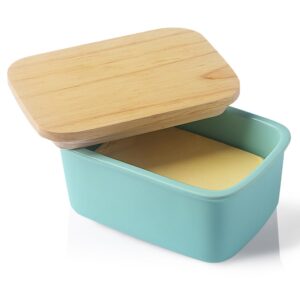 sweejar porcelain butter dish with lid, airtight large butter keeper with wooden lid, butter container perfect for 2 sticks of butter west or east coast butter(turquoise)