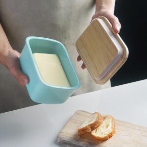 Sweejar Porcelain Butter Dish with Lid, Airtight Large Butter Keeper with Wooden Lid, Butter Container Perfect for 2 Sticks of Butter West or East Coast Butter(Turquoise)