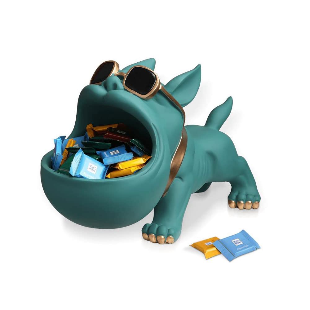 CUZOKOLA Large Size Cute French Bulldog Gifts Statue Animal Blue Turquoise Dog Candy Dish Modern Candy Bowls for Office Desk Big Mouth Storage Resin Figurine for Home Decor with Gold Glasses Frame Key