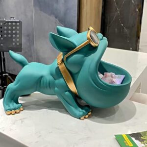 CUZOKOLA Large Size Cute French Bulldog Gifts Statue Animal Blue Turquoise Dog Candy Dish Modern Candy Bowls for Office Desk Big Mouth Storage Resin Figurine for Home Decor with Gold Glasses Frame Key