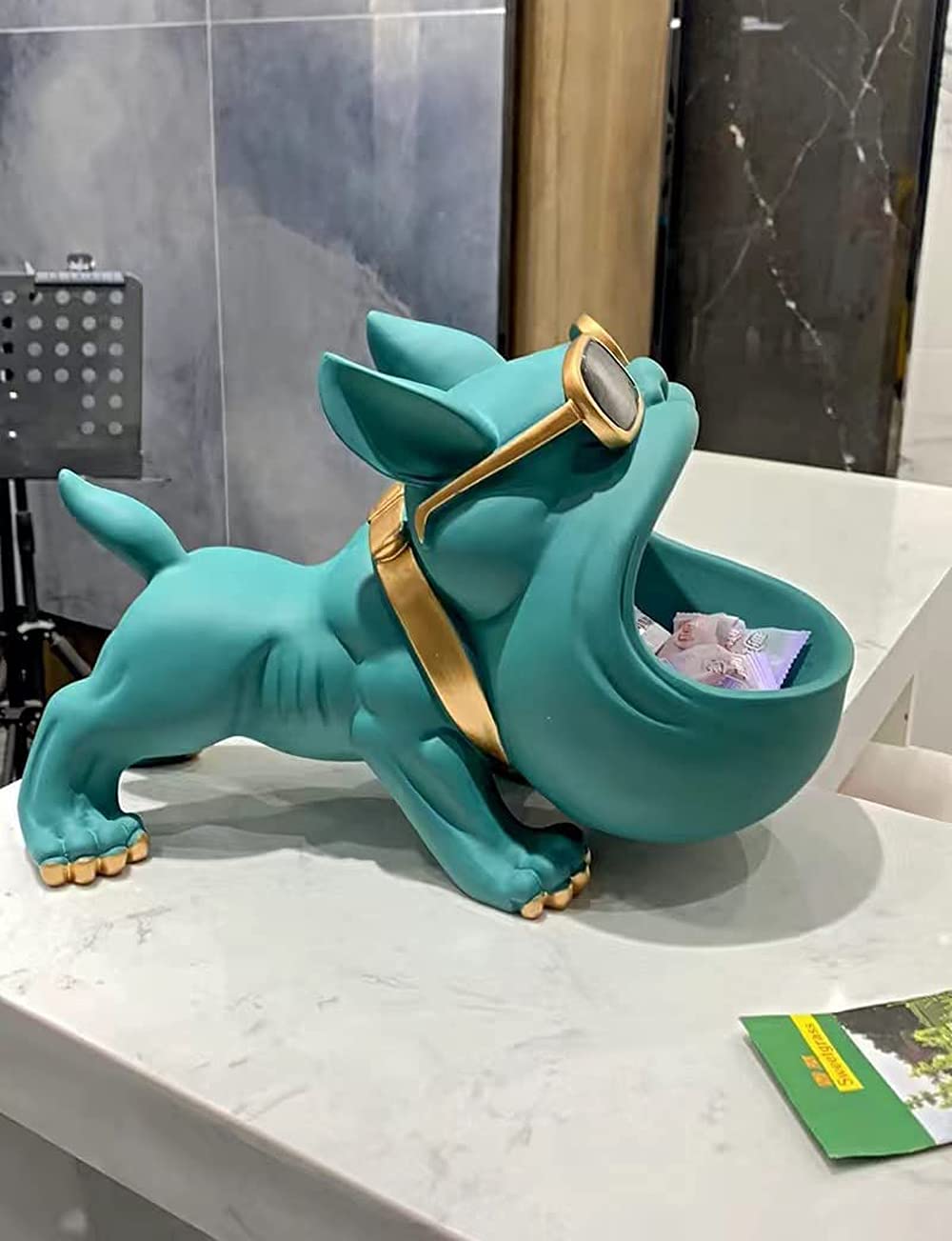 CUZOKOLA Large Size Cute French Bulldog Gifts Statue Animal Blue Turquoise Dog Candy Dish Modern Candy Bowls for Office Desk Big Mouth Storage Resin Figurine for Home Decor with Gold Glasses Frame Key