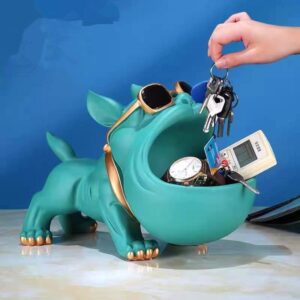 CUZOKOLA Large Size Cute French Bulldog Gifts Statue Animal Blue Turquoise Dog Candy Dish Modern Candy Bowls for Office Desk Big Mouth Storage Resin Figurine for Home Decor with Gold Glasses Frame Key