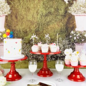 KERYNICE 3 Pcs Red Cake Stands Set Metal Cupcake Pedestal Table Dessert Display Stand with Tall Base Decoration Serving Platter for Baby Shower Wedding Birthday Parties Celebration