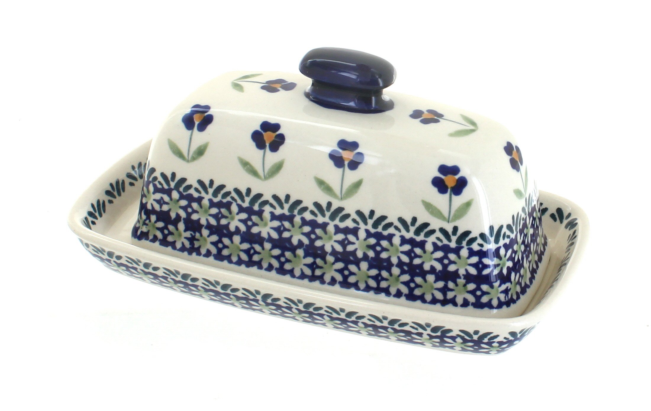 Blue Rose Polish Pottery Blue Daisy Butter Dish