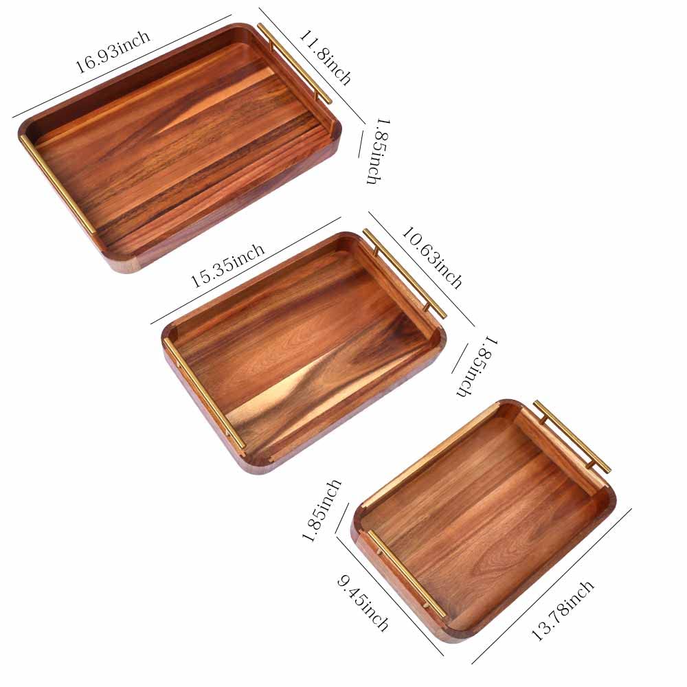 Wood Serving Tray with Handles,Decorative Tray Set of 3 with Nesting Stacking Design,Rustic Ottoman Tray for Kitchen Counter/Coffee Table/Living Room Decor,Versatile Tray for Party Picnic Barbecue