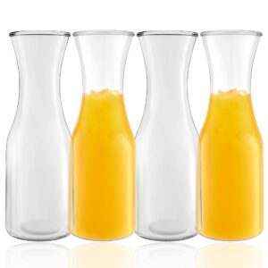 Kitchen Lux Glass Carafe, 1 Liter Drink Pitcher & Elegant Wine Carafe Decanter, Carafe Set of 4, Mimosa Bar Carafes & Juice Glasses, Easy Pour Bottles, Glass Water Carafe, 34 oz