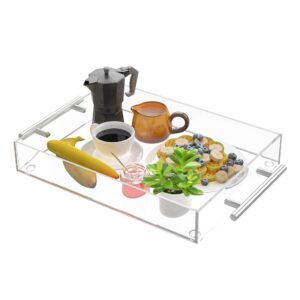 Richboom Clear Acrylic Serving Tray 16"x12" - Coffee Table Living Room Kitchen Decorative Tray with Silver Metal Handles, Bathroom Vanity Tray Perfume Cosmetic Storage Organizer