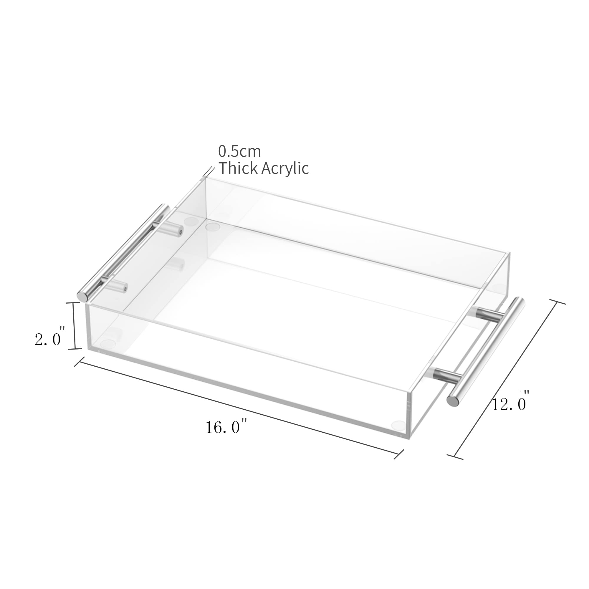 Richboom Clear Acrylic Serving Tray 16"x12" - Coffee Table Living Room Kitchen Decorative Tray with Silver Metal Handles, Bathroom Vanity Tray Perfume Cosmetic Storage Organizer