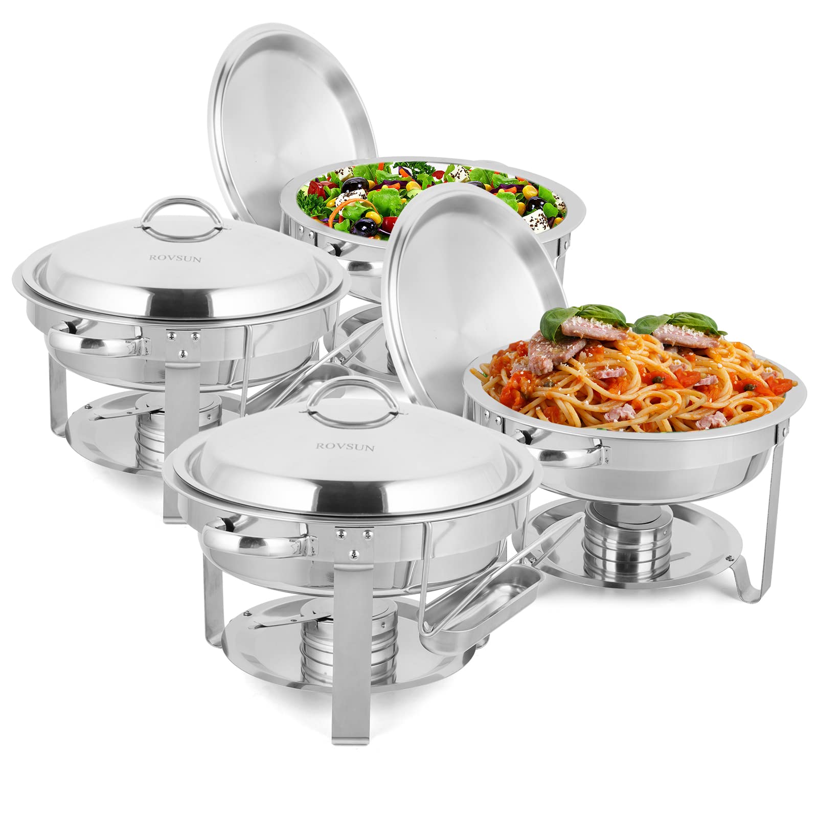 ROVSUN 5 Qt 4 Pack Chafing Dish Buffet Set,NSF Stainless Steel Round Chafers for Catering, Buffet Servers and Warmers Set with Lid Holder & Drip Tray for Wedding Party Banquet Graduation