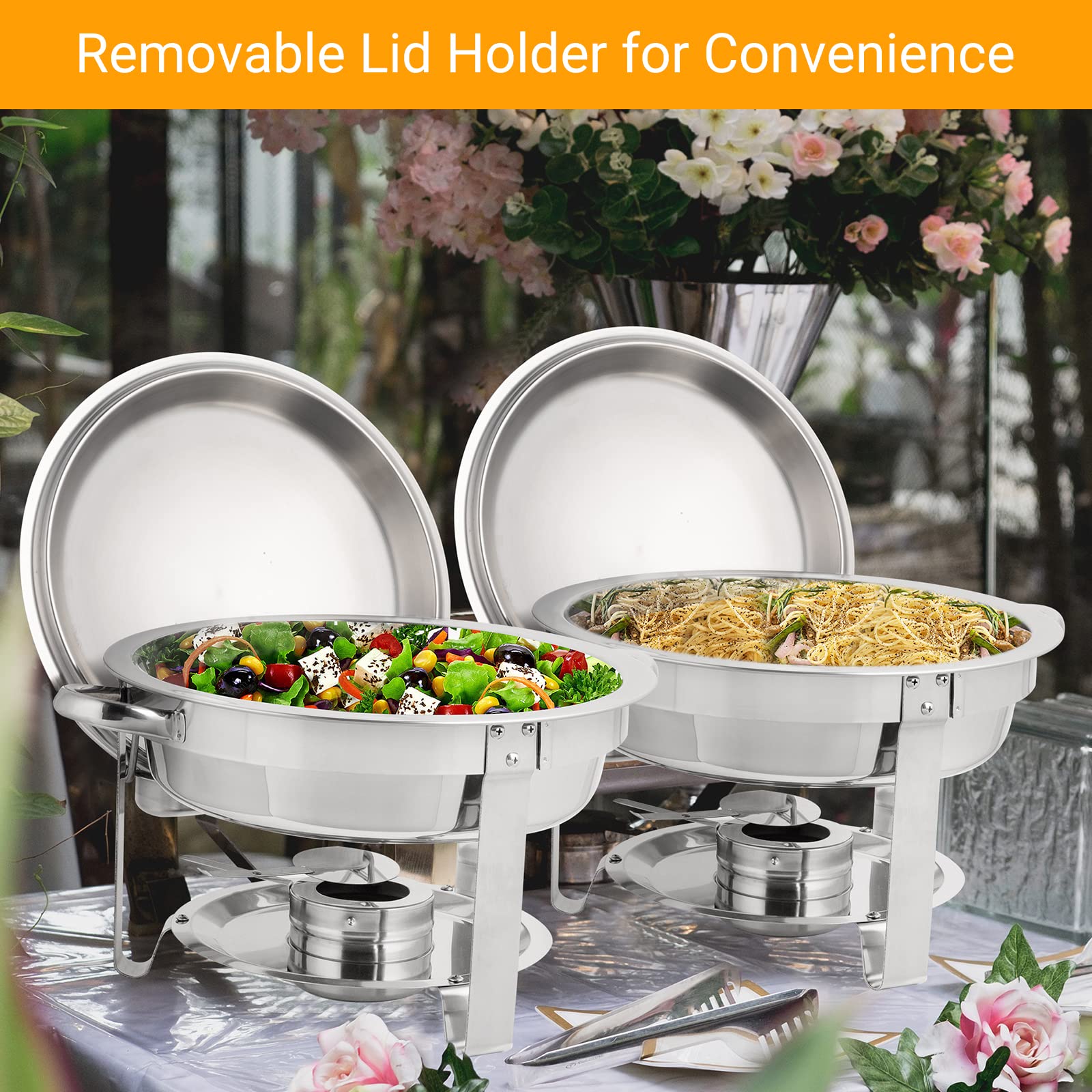 ROVSUN 5 Qt 4 Pack Chafing Dish Buffet Set,NSF Stainless Steel Round Chafers for Catering, Buffet Servers and Warmers Set with Lid Holder & Drip Tray for Wedding Party Banquet Graduation