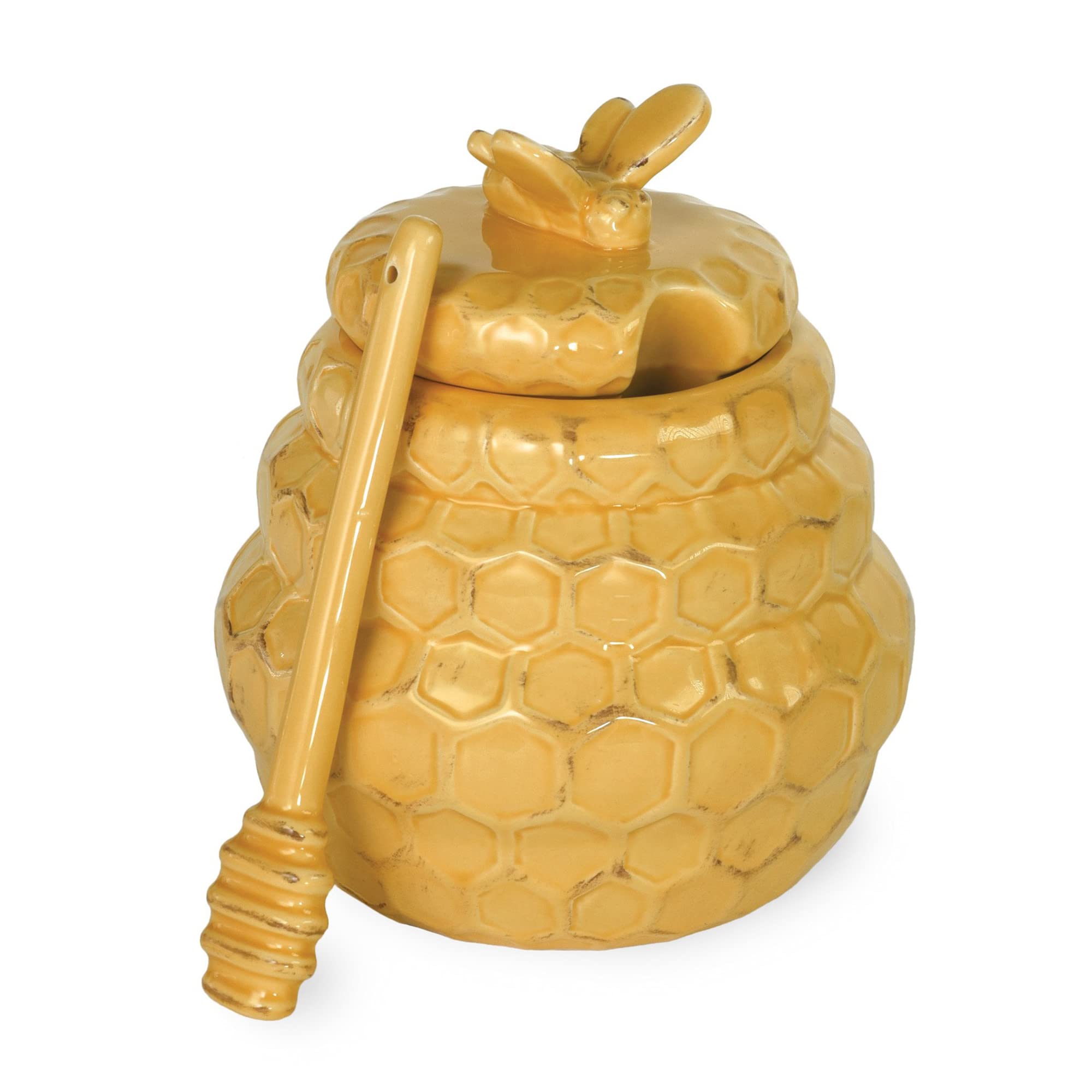 Boston International Embossed Ceramic Honey Pot & Dipper, 2-Piece Set, Honeycomb