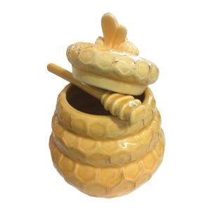 Boston International Embossed Ceramic Honey Pot & Dipper, 2-Piece Set, Honeycomb