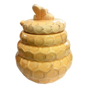 Boston International Embossed Ceramic Honey Pot & Dipper, 2-Piece Set, Honeycomb