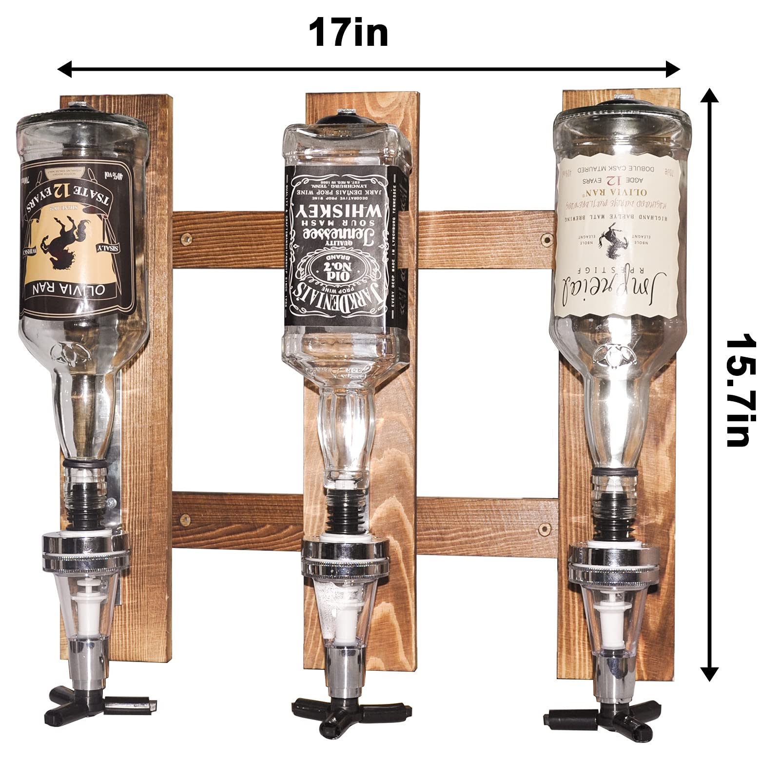 Gesonlinka 3 Bottles Wall Mounted Liquor Dispenser, Drink Beverage Alcohol Wine Dispenser Bottle Wood Wall Shelf for Home Bar, Glass Drink Whiskey Dispenser for Parties (3 Dispensers)