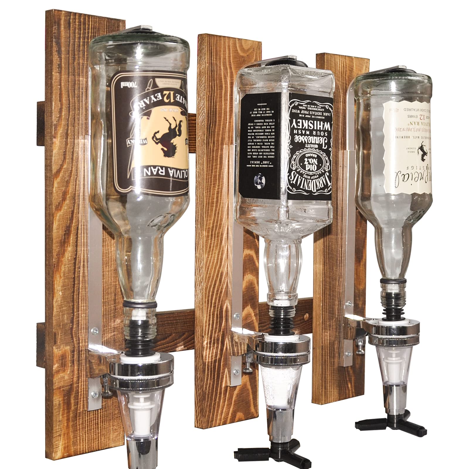 Gesonlinka 3 Bottles Wall Mounted Liquor Dispenser, Drink Beverage Alcohol Wine Dispenser Bottle Wood Wall Shelf for Home Bar, Glass Drink Whiskey Dispenser for Parties (3 Dispensers)