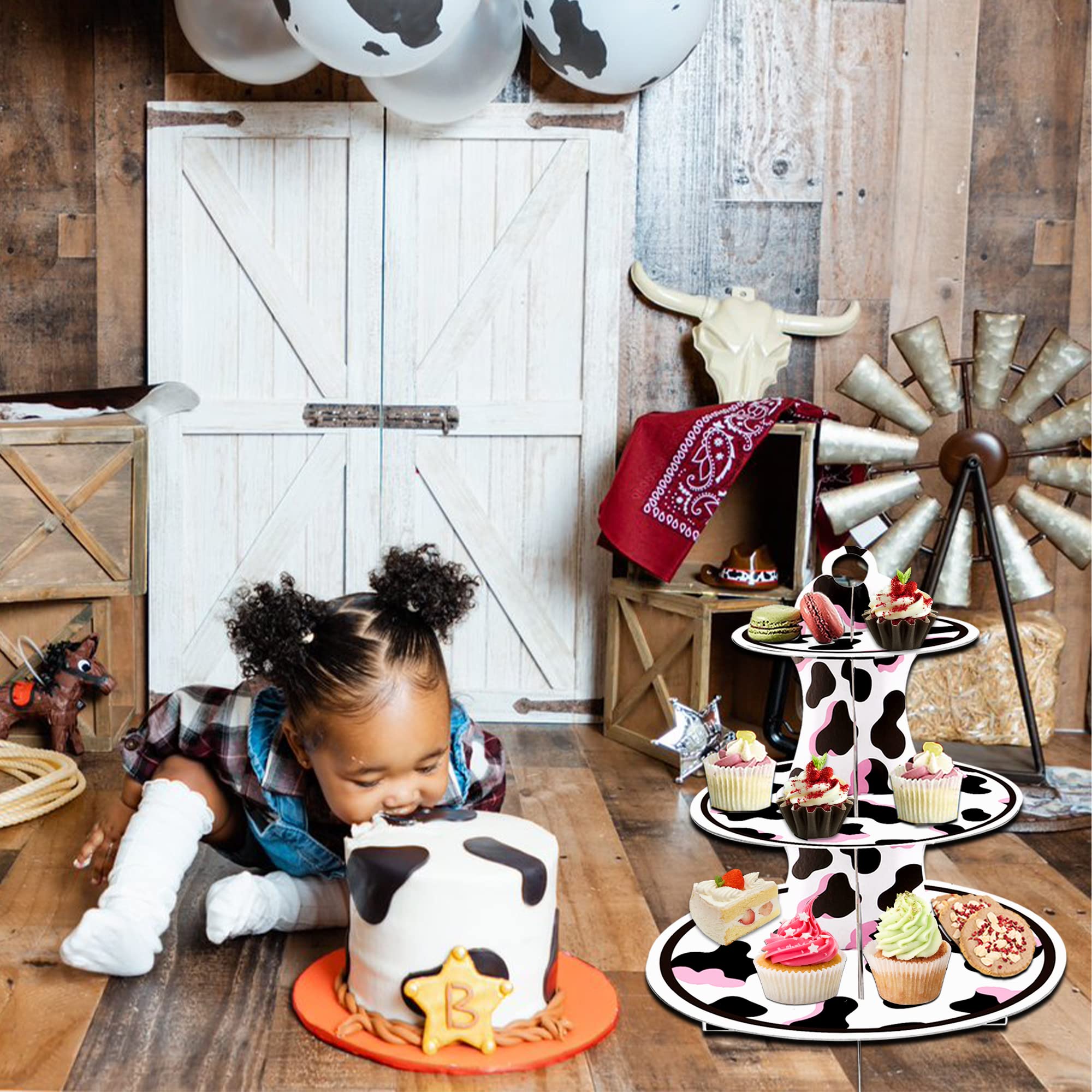 3 Tier Cow Print Cupcake Stand Cow Print Party Supplies Cardboard Cupcake Stand for 24 Cupcakes Cow Cupcake Holder for Girls Boys Cow Theme Birthday Party Decorations Farm Animal Baby Shower Decor