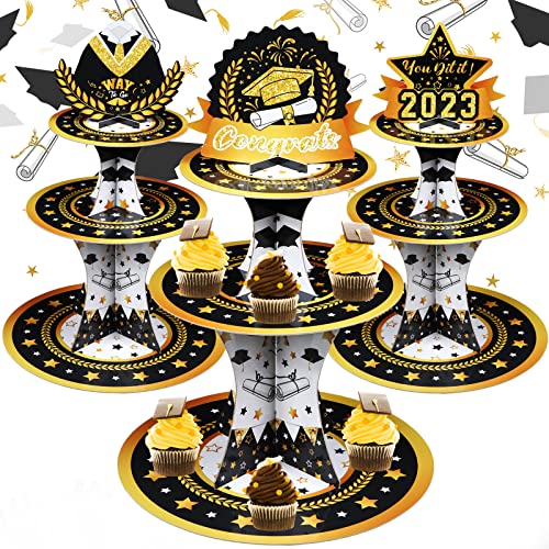 Treela 3 Pieces Graduation Cupcake Stands 3 Tier Round Cardboard Cupcake Stand 2023 Black and Gold Grad Decorations Theme Dessert Stand Holder for Graduation Party Supplies Favors