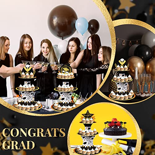 Treela 3 Pieces Graduation Cupcake Stands 3 Tier Round Cardboard Cupcake Stand 2023 Black and Gold Grad Decorations Theme Dessert Stand Holder for Graduation Party Supplies Favors