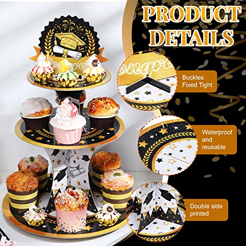 Treela 3 Pieces Graduation Cupcake Stands 3 Tier Round Cardboard Cupcake Stand 2023 Black and Gold Grad Decorations Theme Dessert Stand Holder for Graduation Party Supplies Favors