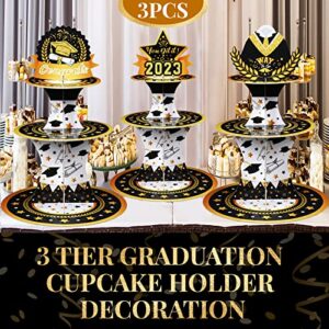 Treela 3 Pieces Graduation Cupcake Stands 3 Tier Round Cardboard Cupcake Stand 2023 Black and Gold Grad Decorations Theme Dessert Stand Holder for Graduation Party Supplies Favors