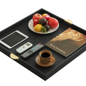 HofferRuffer Extra Large Square Serving Tray, Elegant Faux Leather Ottoman Tray with Gold Hardware Handles, Serve Tea, Coffee or Breakfast in Bed, 23.6 x 23.6 inches, Black Large Square Tray