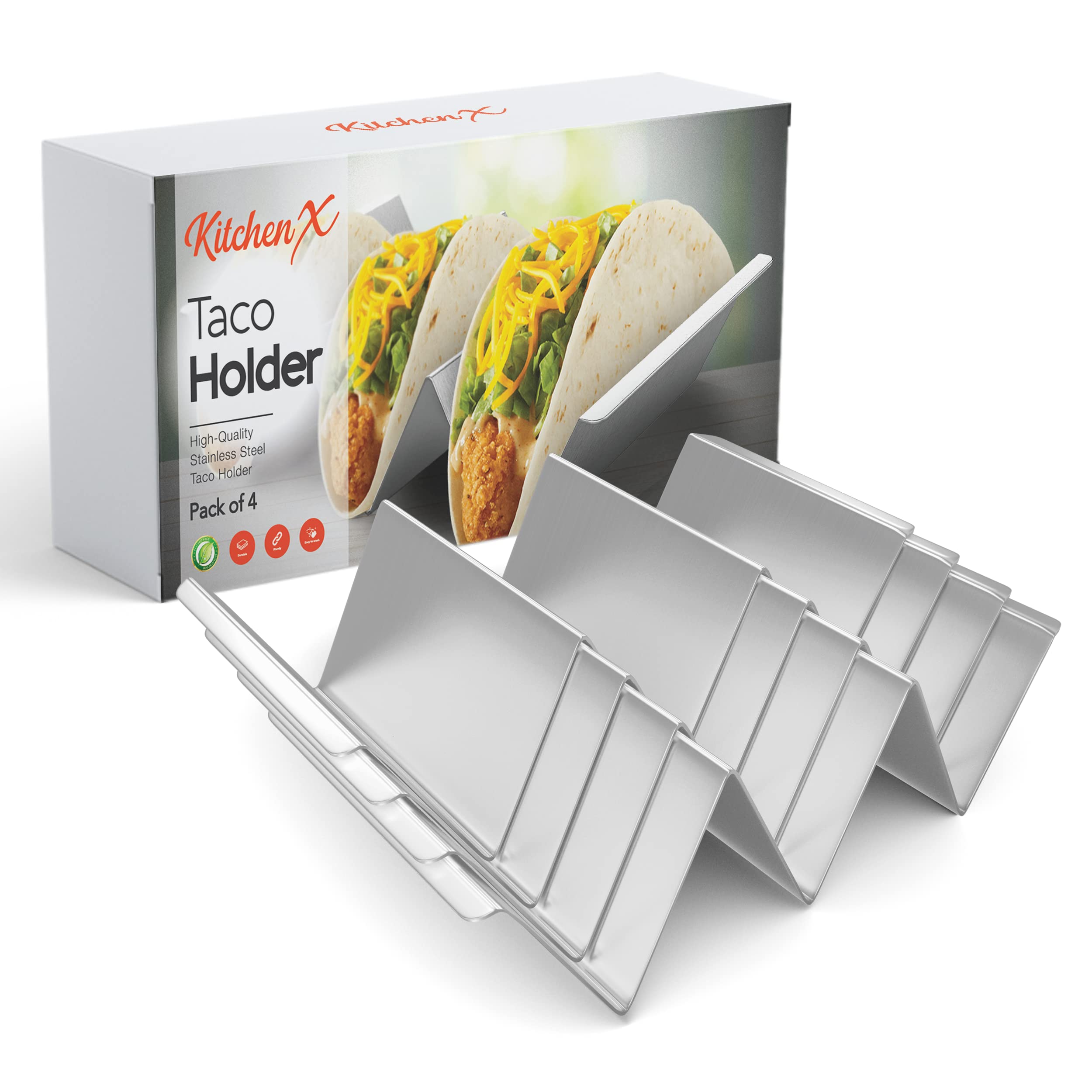 Metal Taco Holders Set of 4 - Heavy-Duty Taco Stands hold 3 Tacos - Use as a Taco Rack to fill Tacos with Ease - Safe for Dishwasher, Oven, and Grill - Taco Shell holder Size: 8" x 4" x 2"