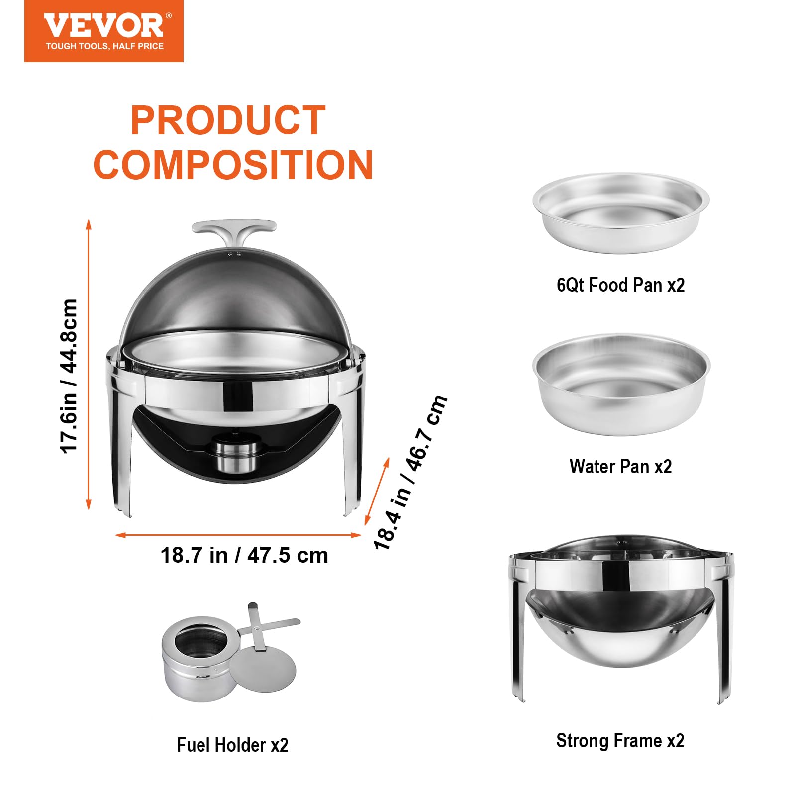 Mophorn 6QT Round Stainless Steel Chafing Dish (2pcs)