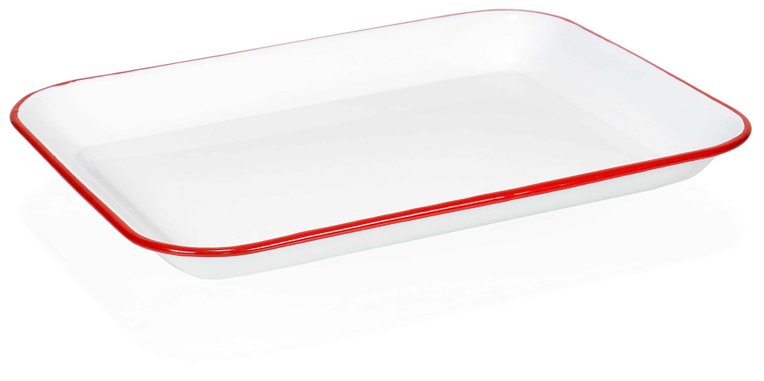 Red Co. 13.5” x 10” Enamelware Metal Classic 1.6-Quart Rectangular Serving Tray, Solid White/Red Rim