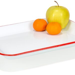 Red Co. 13.5” x 10” Enamelware Metal Classic 1.6-Quart Rectangular Serving Tray, Solid White/Red Rim