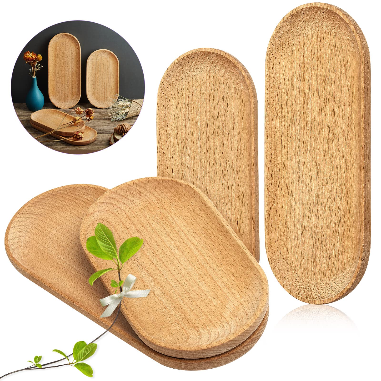 Serving Tray 4 Pieces Oval Dessert Cup Tray Rustic Small Wooden Tray Shallow Serving Plates Veggie Tray Serving Platter Set Cheese Plate Tableware Decorative Tray, 3.9 x 9.1 Inch, 3.9 x 7.1 Inch