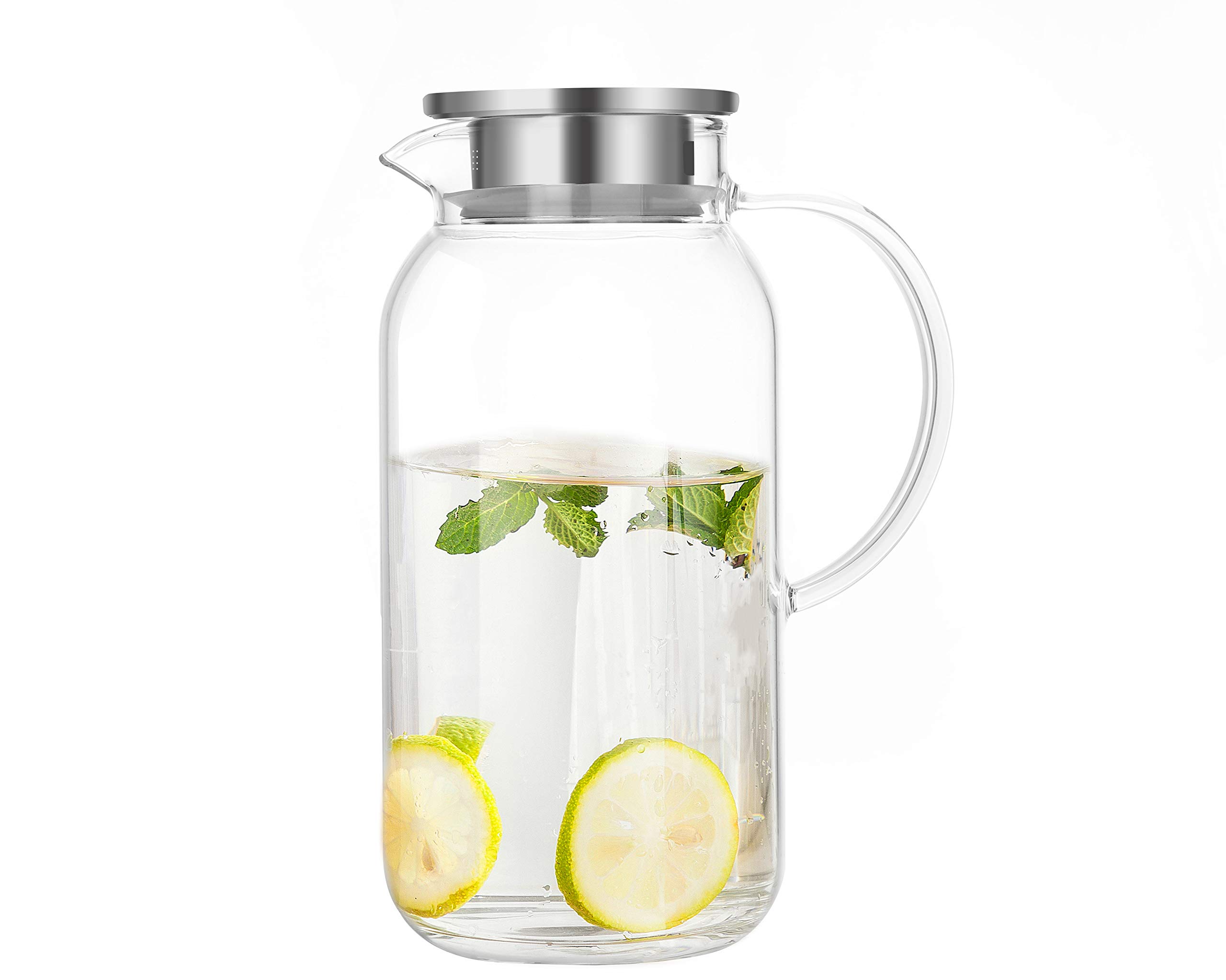 SIXAQUAE Pitcher Glass Water Pot Kettle Stainless Steel Lid Large 68 Oz Juice Ice Tea