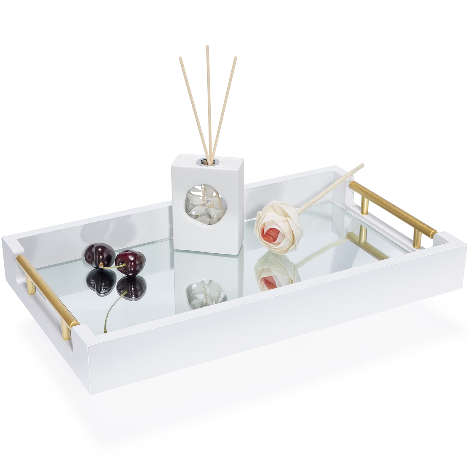 Elegant White Serving Tray with Gold Handles，Mirror Tray for All Occasion's-Serving Trays forParty, Kitchen, Entertaining,Living Room,Ottoman,Bathroom,Outdoors